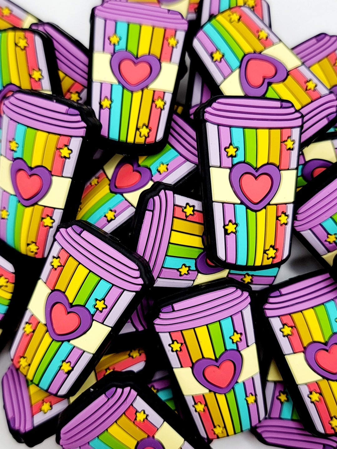 SET OF 2, Rainbow Coffee Cup Beads, Coffee Cup Silicone Bead, Valentine ...