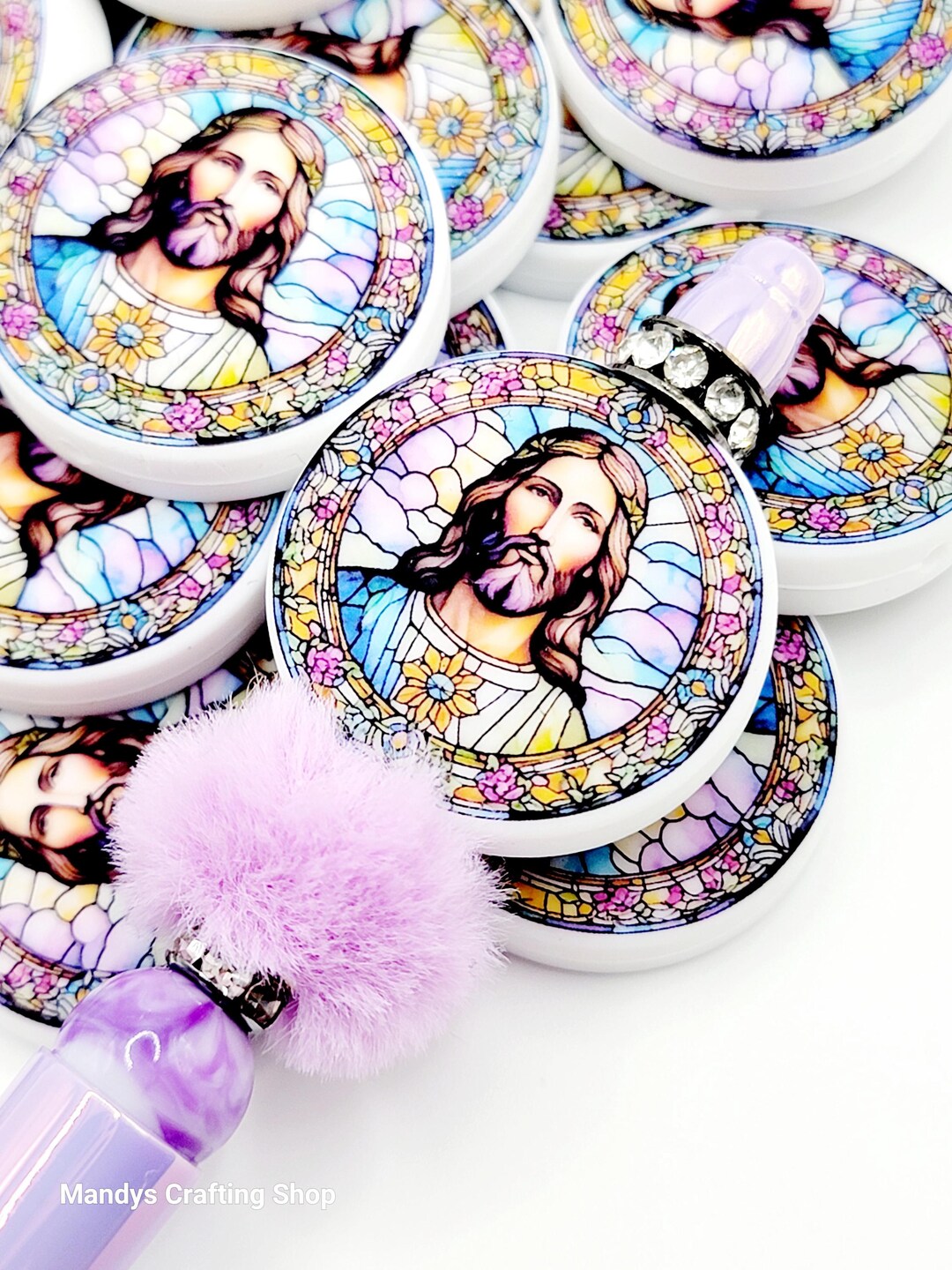 SET OF 2, Jesus Focal Print Silicone Bead, Stained Glass Jesus Pen Bead ...