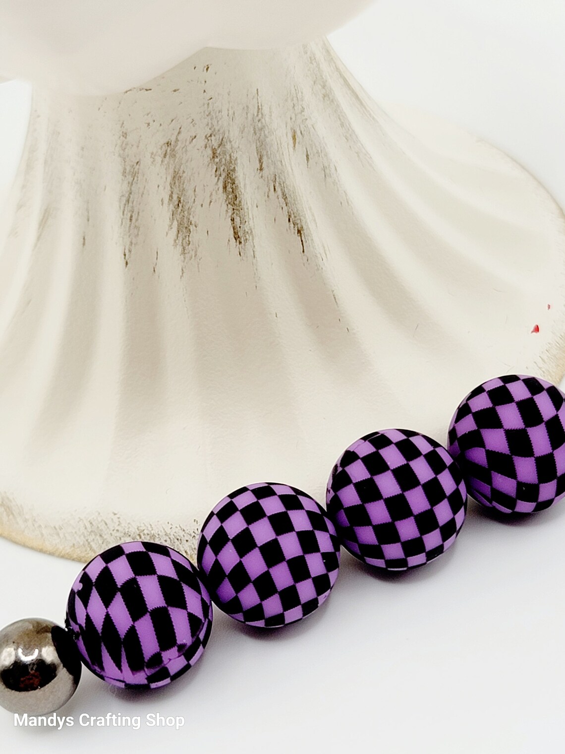 SET OF 5 or 10, Purple & Black Check Printed Silicone Beads, 15mm Print ...