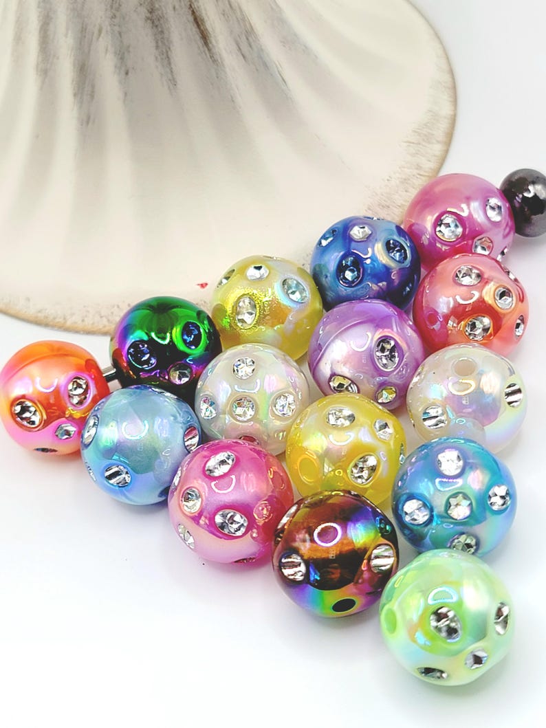 SET OF 10, 16mm Iridescent Shimmer Round Acrylic Beads, Chunky Resin ...