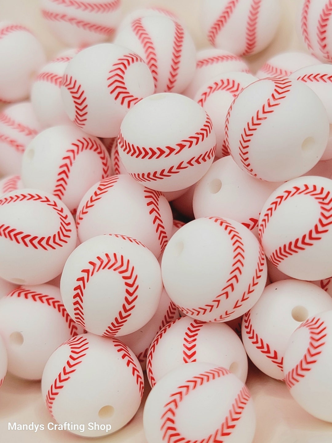 SET OF 5 or 10, Baseball Round Beads, 15mm Sports Round Silicone Beads ...