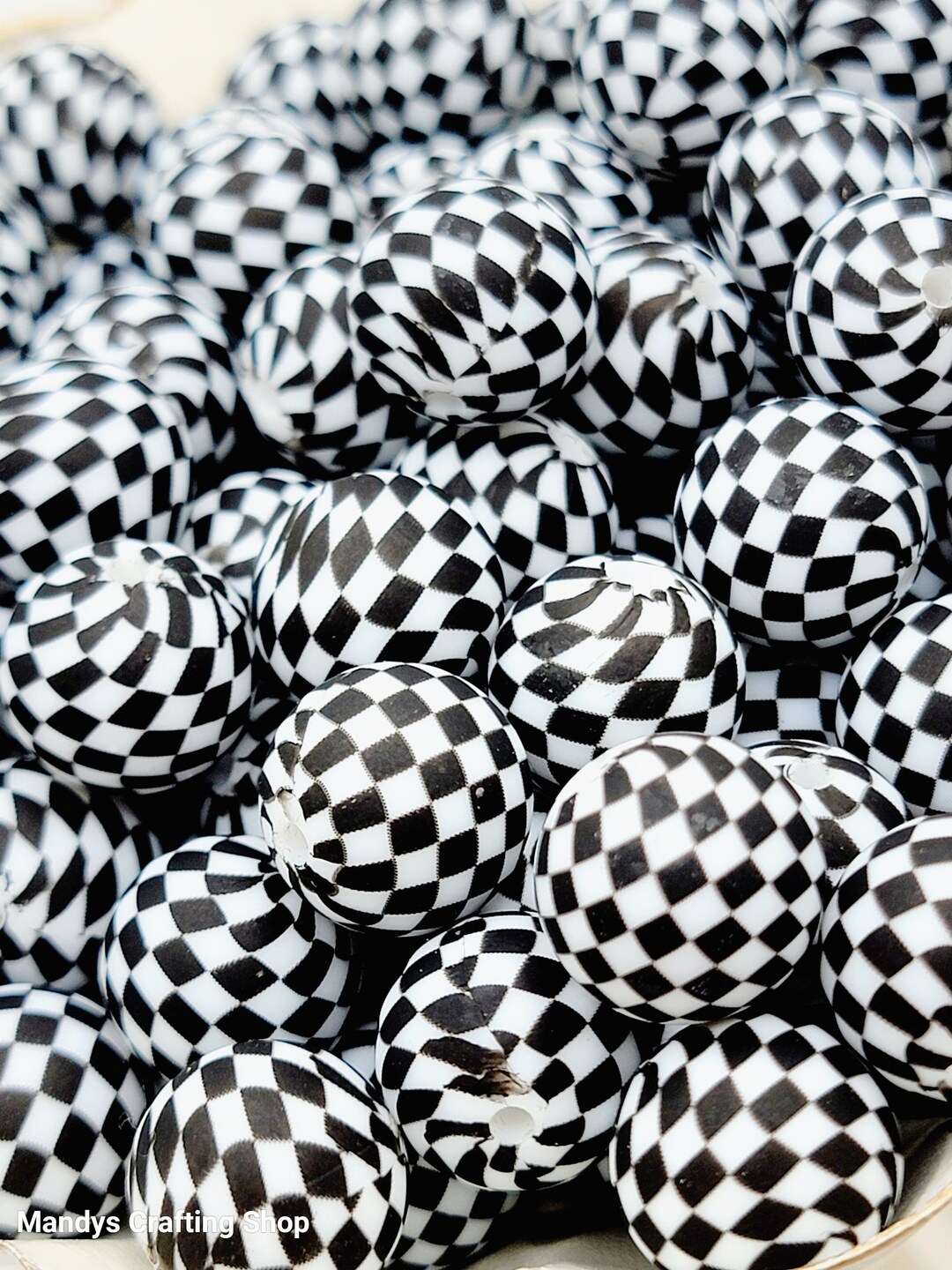 SET OF 5 or 10, White & Black Check Printed Silicone Beads, 15mm Print ...