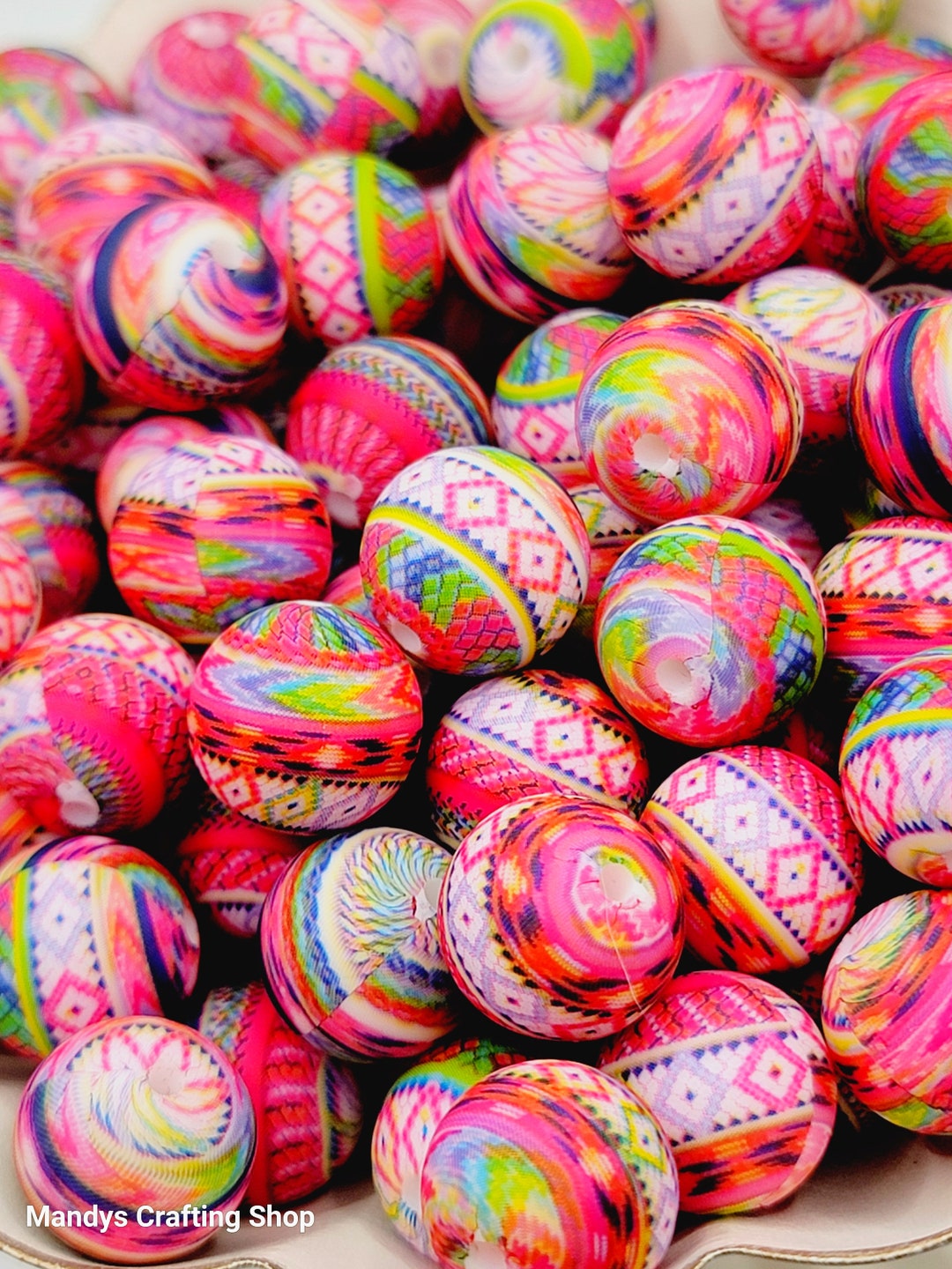 SET OF 5 or 10, Pink Aztec Stripe Print Silicone Bead, 15mm Round ...