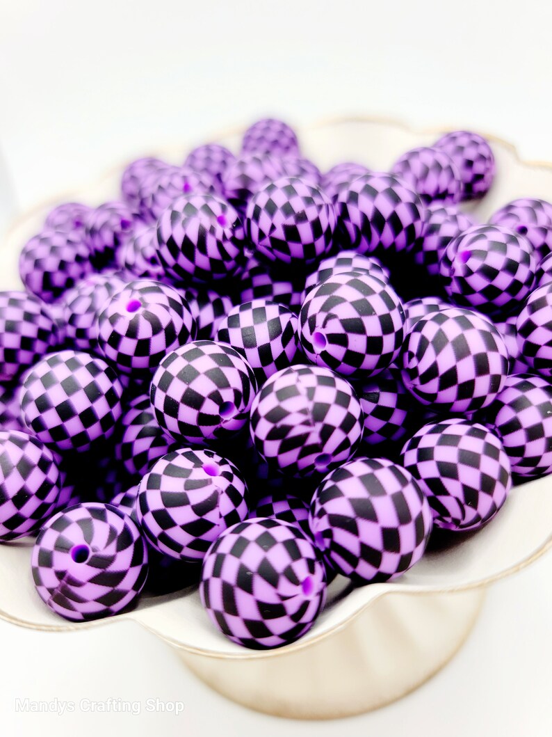 SET OF 5 or 10, Purple & Black Check Printed Silicone Beads, 15mm Print ...