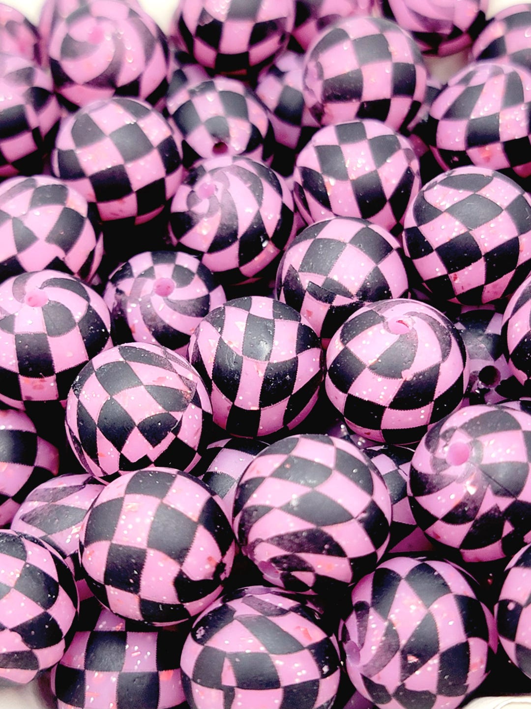 SET OF 5 or 10, Pink Glitter Black Check Print Silicone Bead, 15mm ...