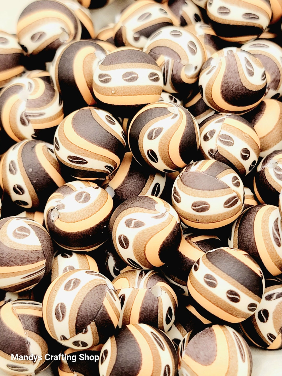 SET OF 5 or 10, Coffee Bean Swirl Print Silicone Bead, 15mm Round Beads ...