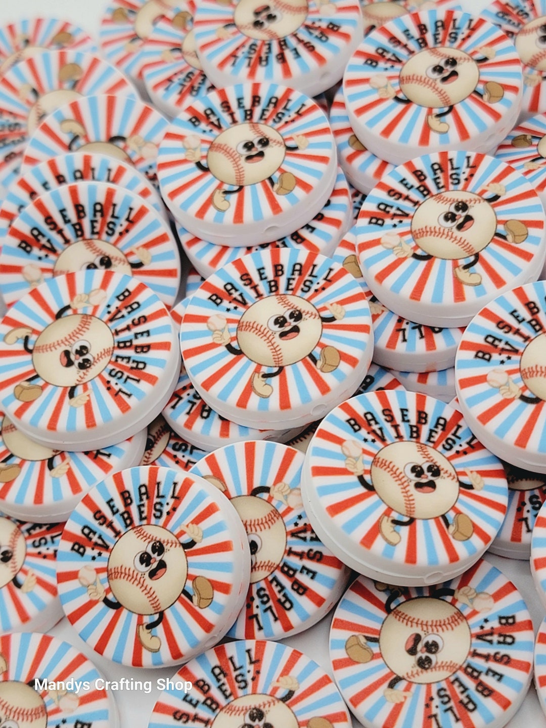 SET of 2, Retro Baseball Character Focal Print Silicone Bead, Patriotic ...