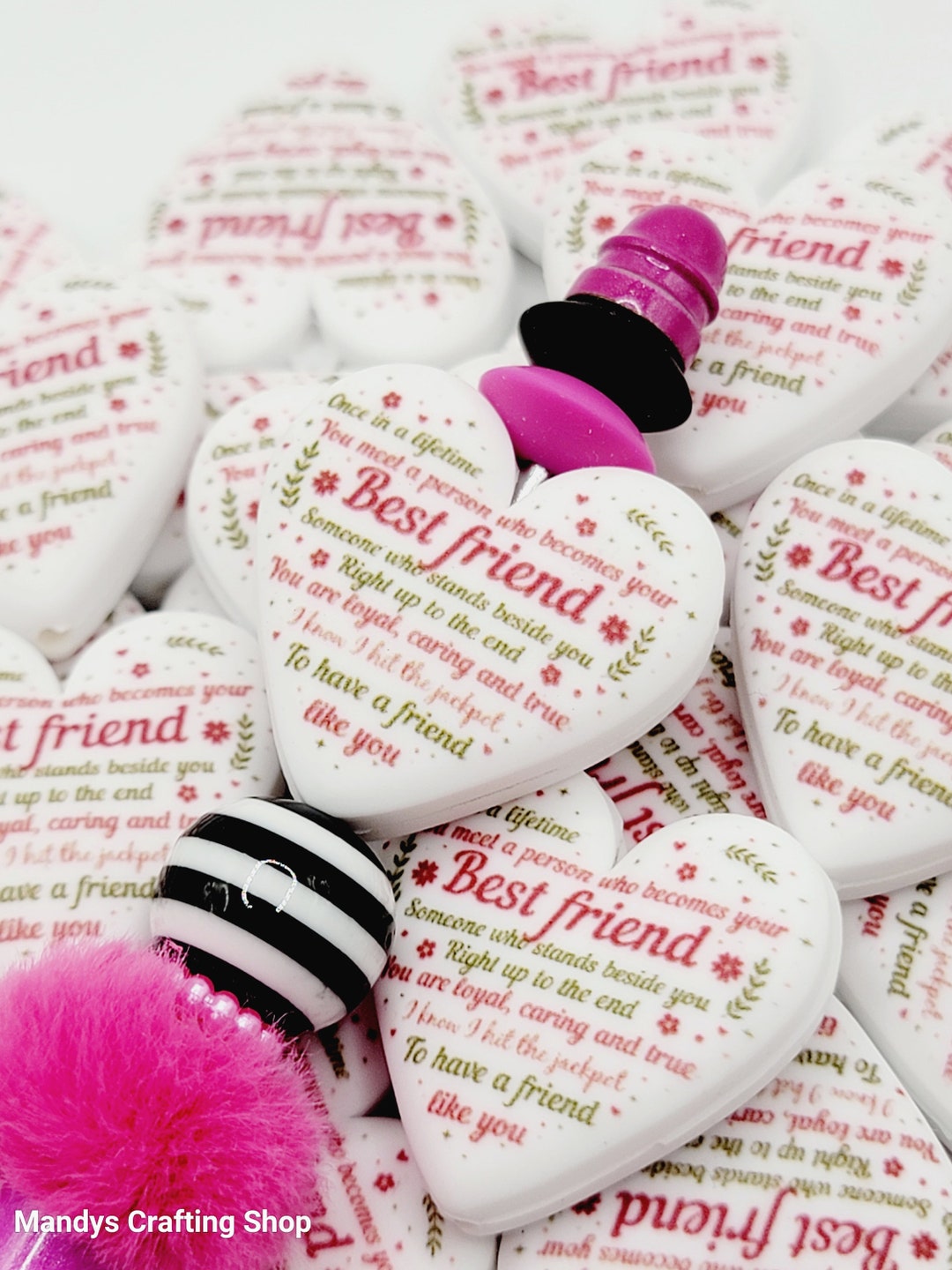 SET of 2, Best Friend Heart Focal Print Silicone Bead, Best Friend ...