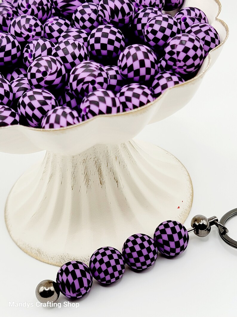 SET OF 5 or 10, Purple & Black Check Printed Silicone Beads, 15mm Print ...