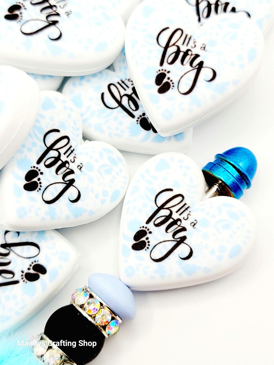 SET of 2, Its A Boy Pen Bead, Blue Baby Shower Heart Focal Print ...