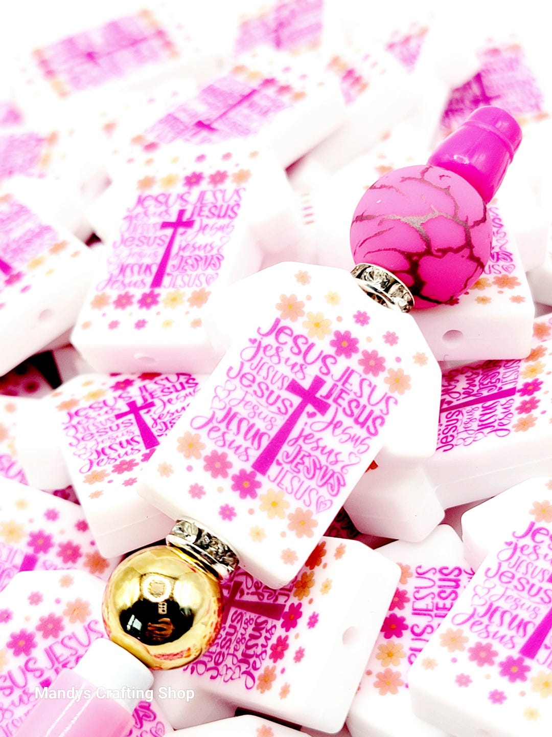 SET of 2, Jesus Cross Focal Pen Bead, Cross Print Silicone Bead ...