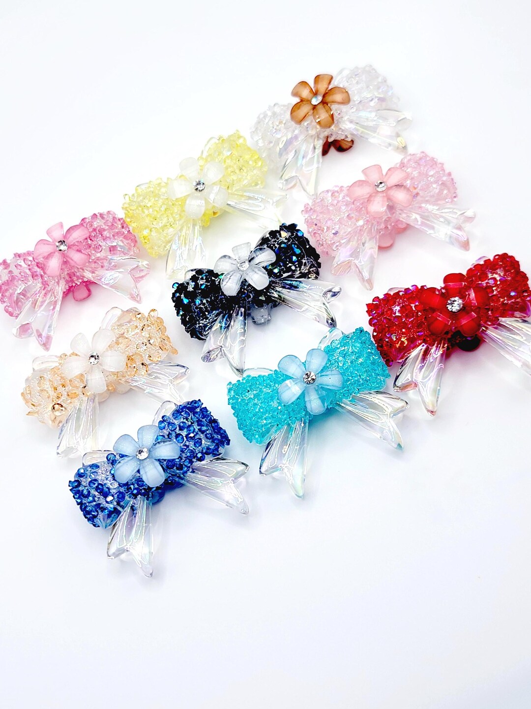 SET of 2, Crystal Sparkle Ribbon Bow Bead, Glitter 3D Bow Acrylic Beads ...
