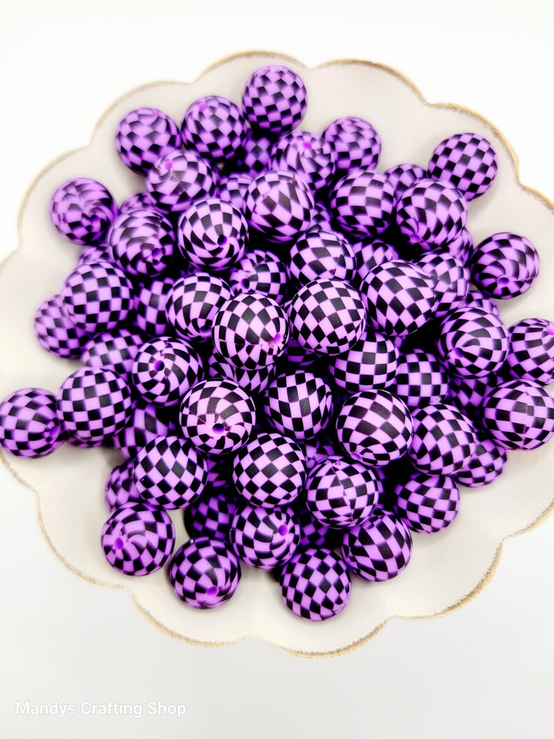 SET OF 5 or 10, Purple & Black Check Printed Silicone Beads, 15mm Print ...