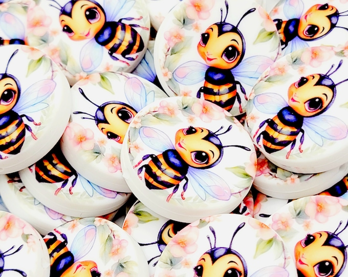Set of 2, Bumble Bee Focal Print Silicone Bead, Bee Focal Pen Bead ...