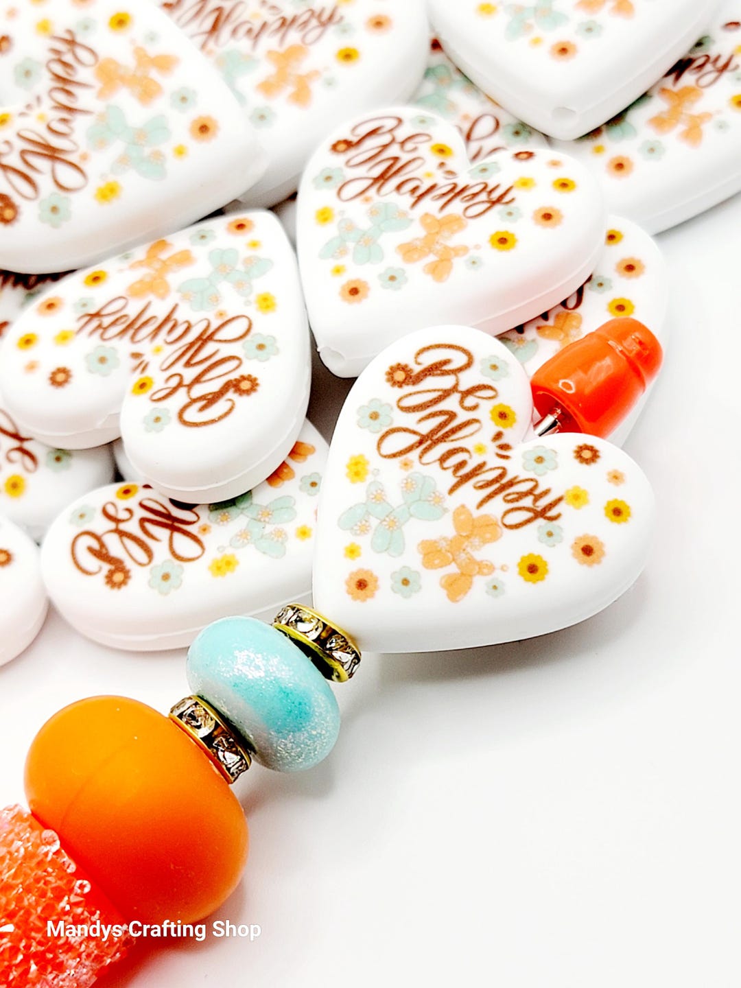 SET OF 2, Be Happy Balloon Dog Heart Focal Pen Bead, Mental Health Bead ...