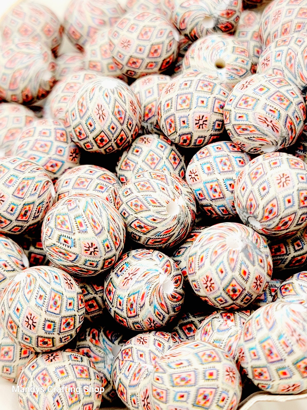 SET OF 5 or 10, Orange Blue Aztec Print Round Bead, Diamond Aztec Print ...