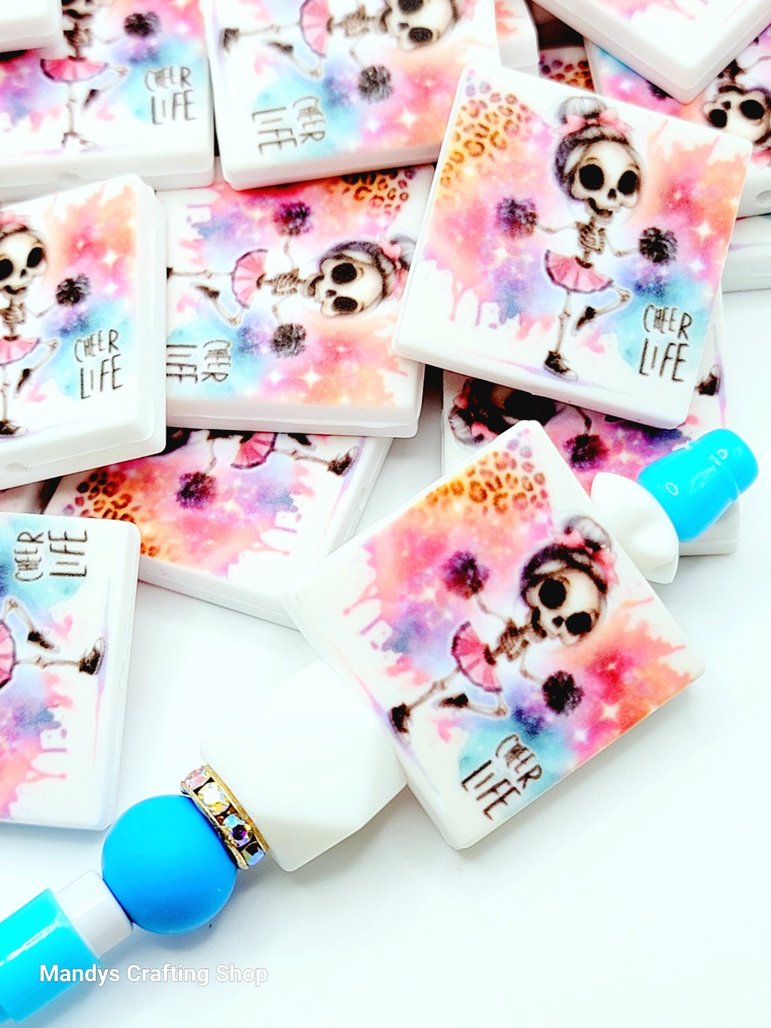 SET 1 or 2, Cheerleading Focal Silicone Bead, Printed Focal Bead, Cheer ...