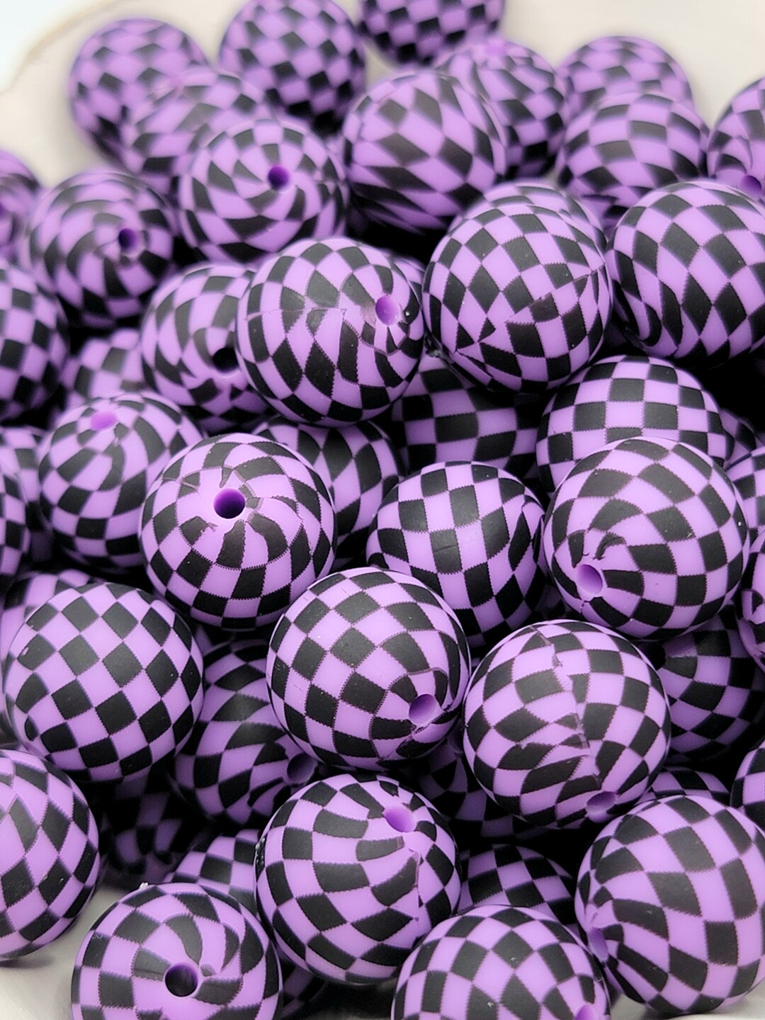 SET OF 5 or 10, Purple & Black Check Printed Silicone Beads, 15mm Print ...