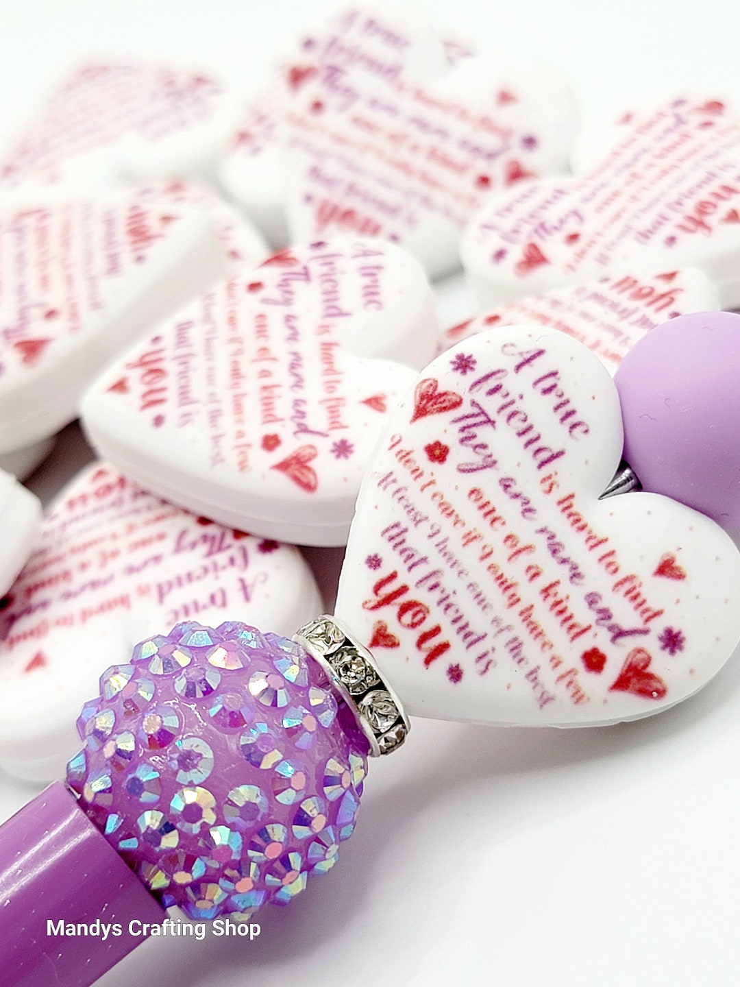 SET of 2, True Friend Heart Focal Print Silicone Bead, Best Friend Pen ...