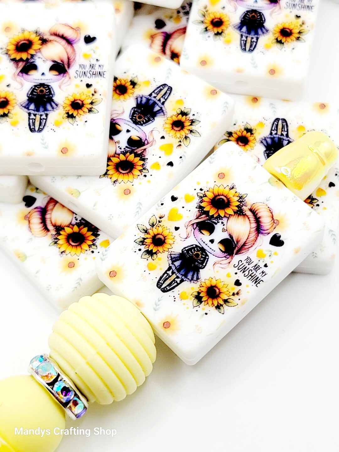 SET OF 2, Cute Sunflower Skeleton Focal Pen Bead, My Sunshine Pen Bead ...