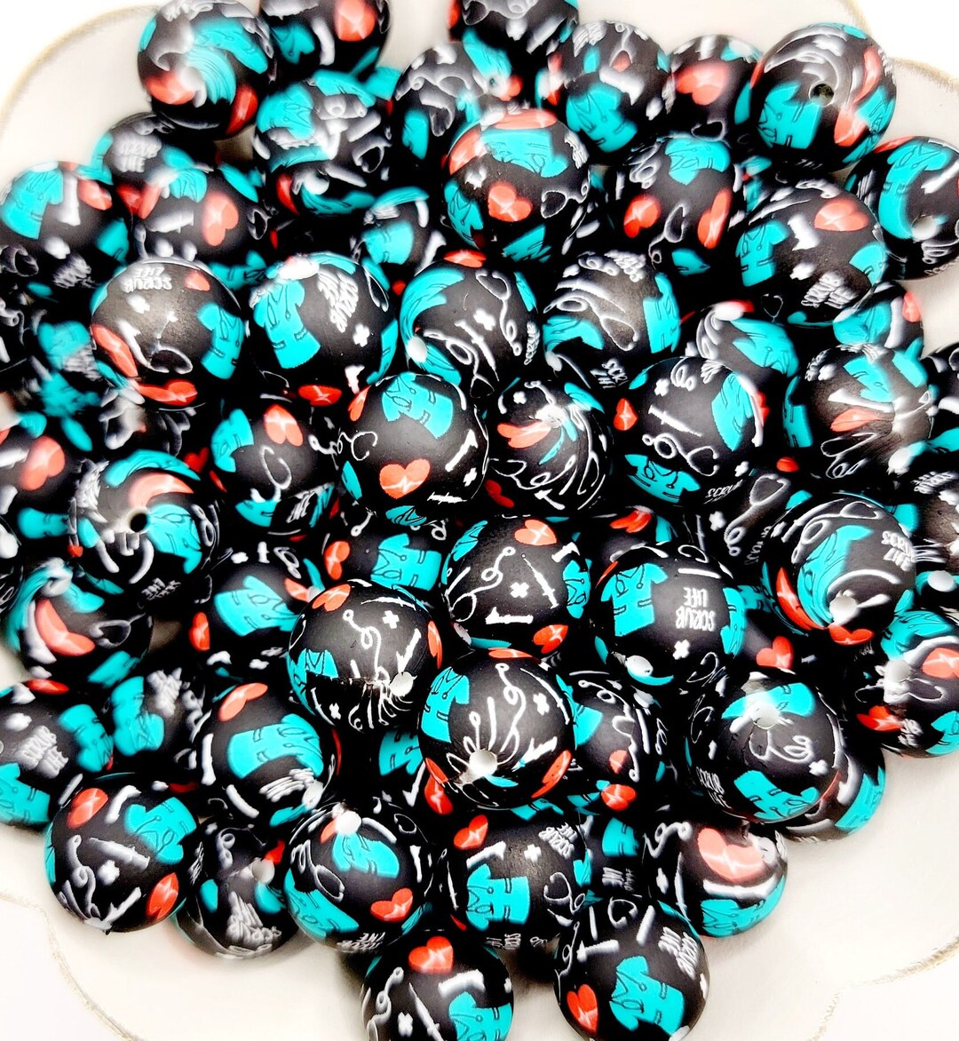 SET OF 5 or 10, Nurse Beads, Nursing Scrub Printed Silicone Bead, 15mm ...