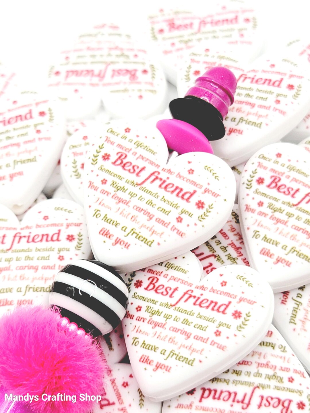 SET of 2, Best Friend Heart Focal Print Silicone Bead, Best Friend ...