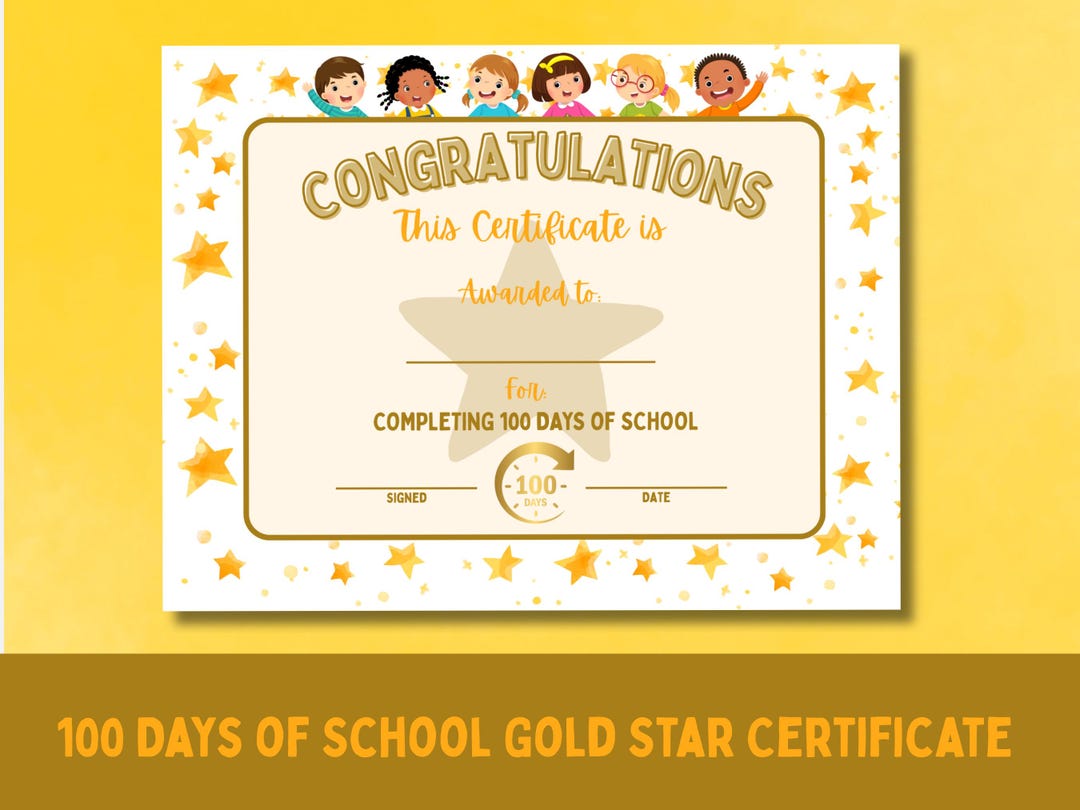 100 Days of School Gold Star Certificate for Kids | Celebrate 100 Days ...