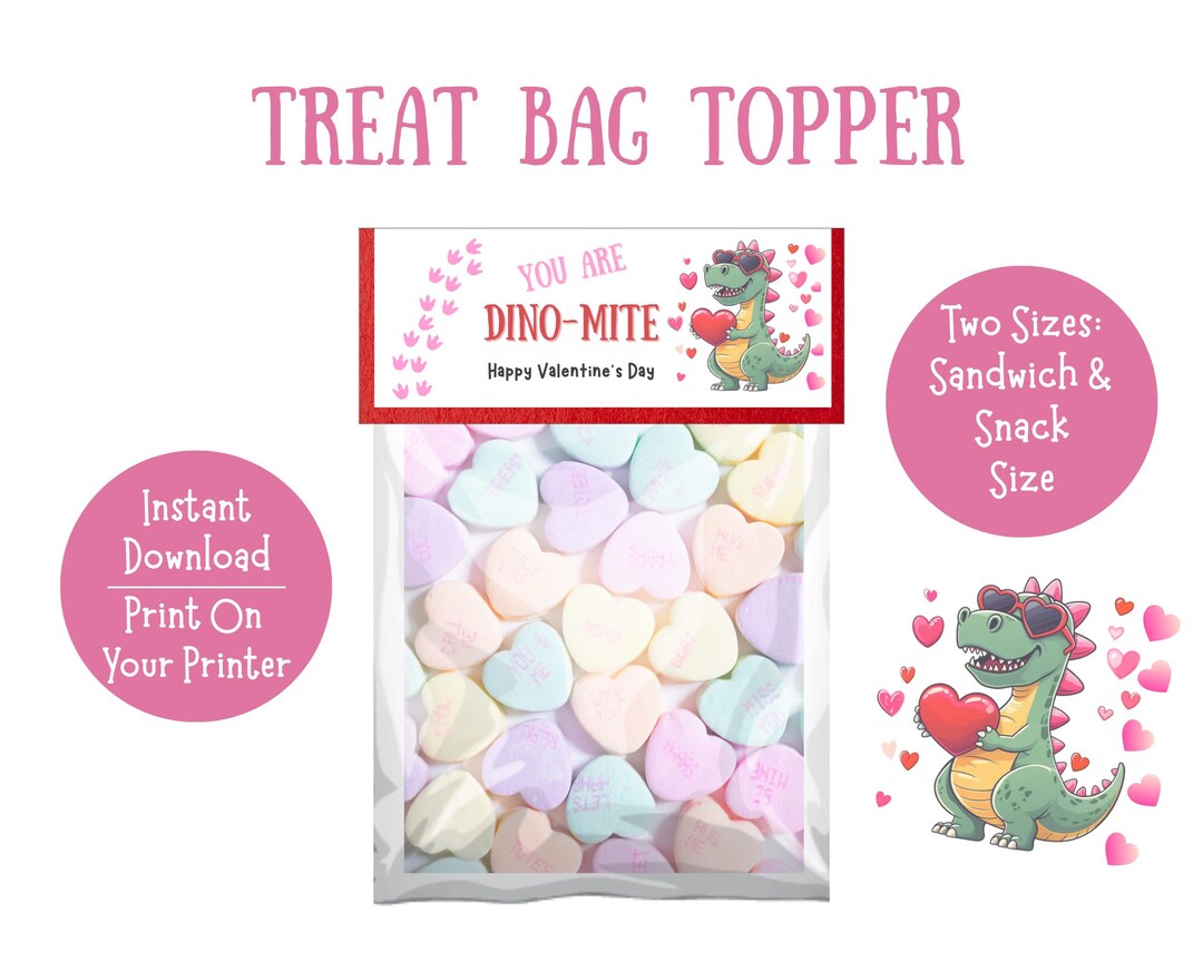 Dinosaur Valentine Treat Bag Topper | Dino Mite | Printable Classroom ...