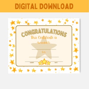 Gold Star Certificate for Kids, Kids Congratulations Certificate ...