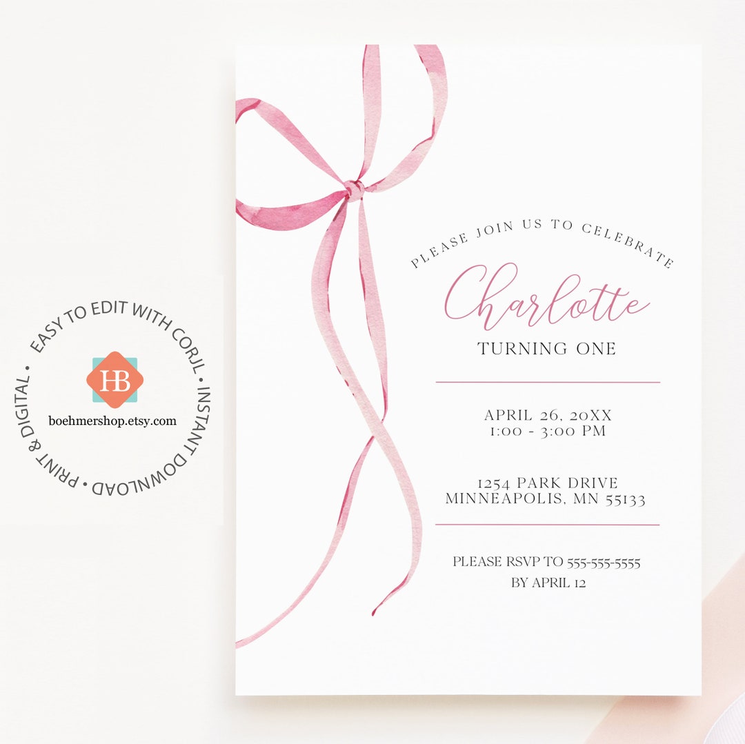 Pink Bow Ribbon Birthday Invitation-5x7 | Pink Bow Birthday Invite ...