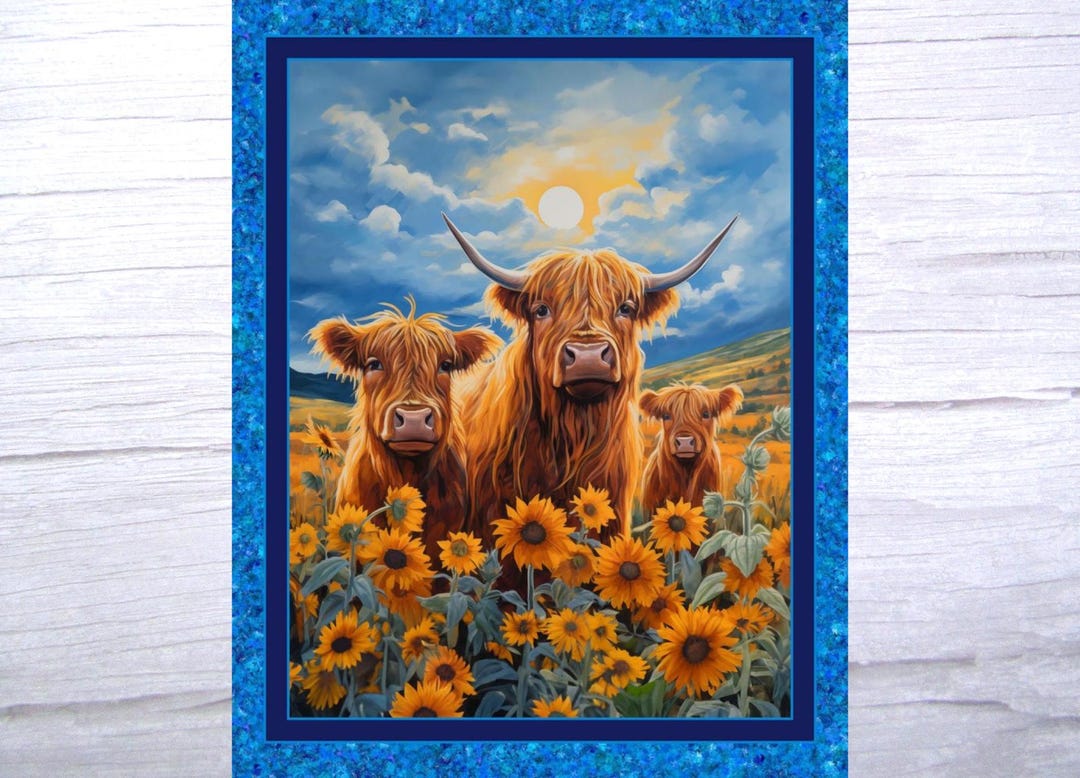 Sunflower Highlands Cow Quilt Panel Fabric by MDG Fabrics 36 X 45 100% ...
