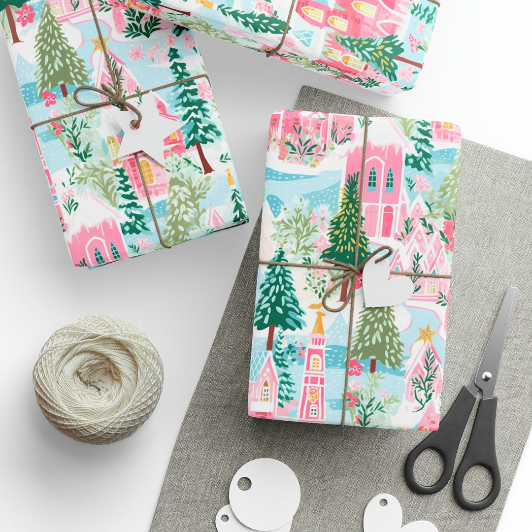 Preppy Christmas Village Wrapping Paper Pink and Blue Snowy Town by ...