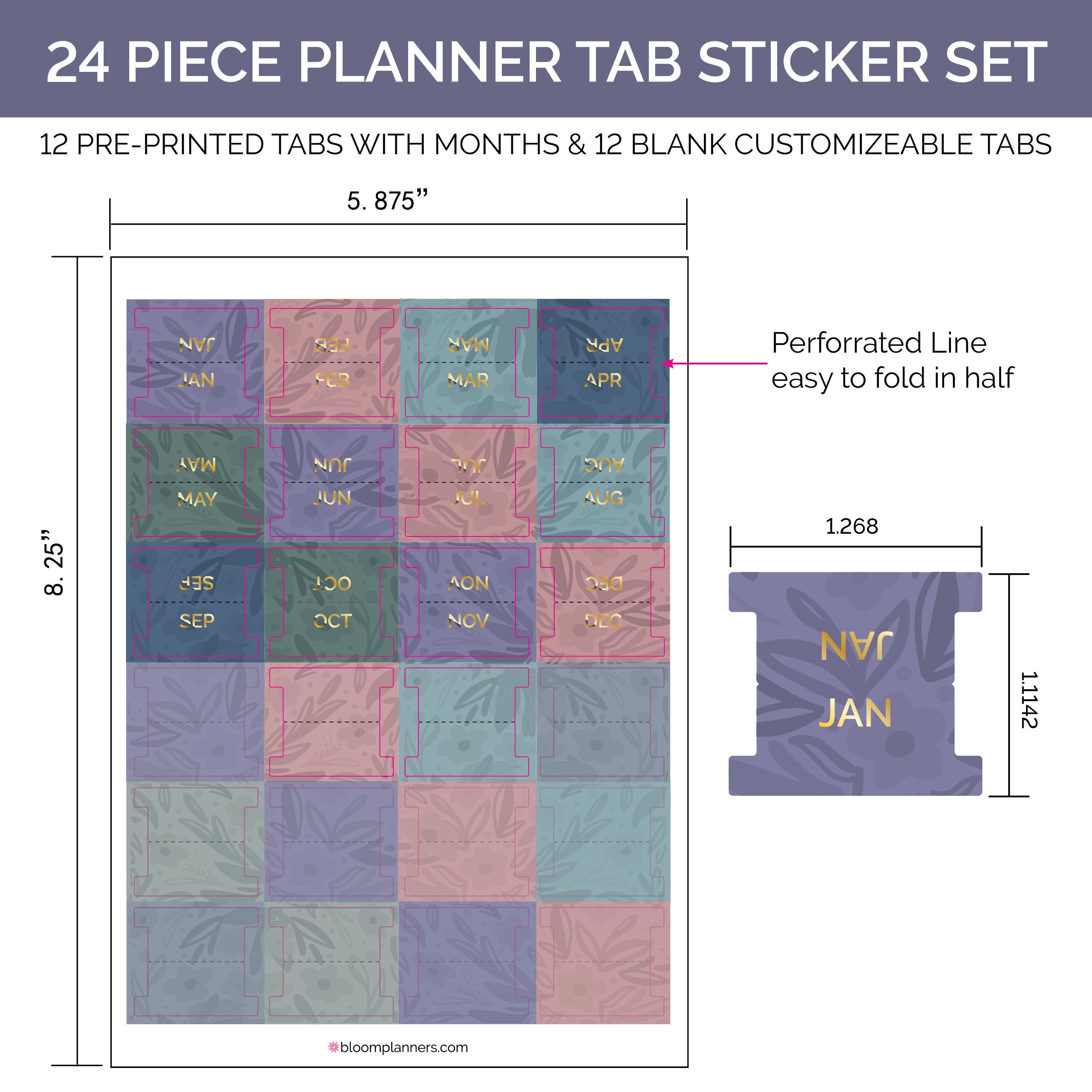 24 Piece Adhesive Planner Tab Sticker Set Jewel Floral by - Etsy