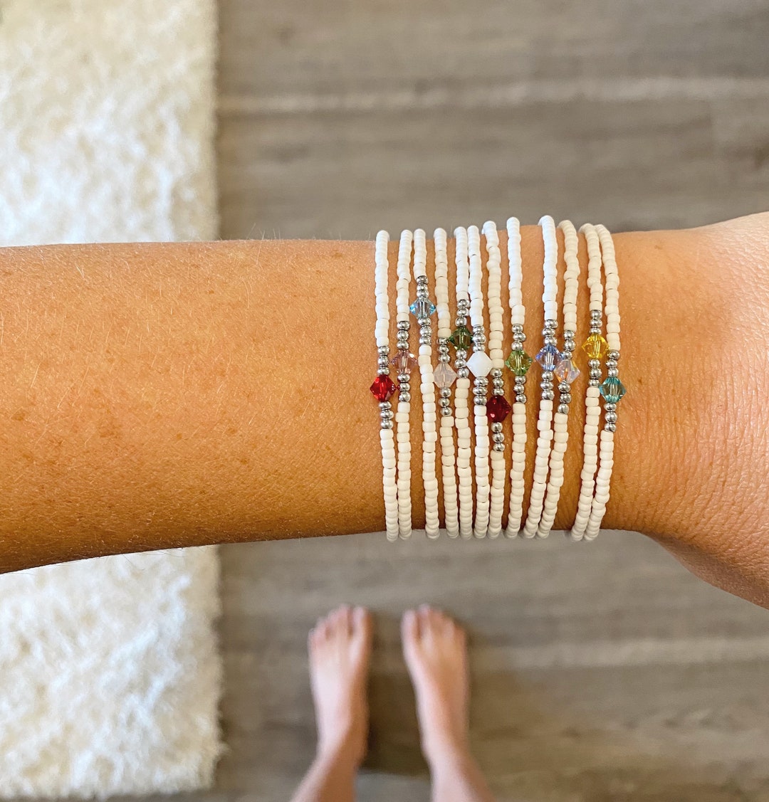 White Birthstone Seed Bead Bracelet, Swarovski Crystals, Family ...