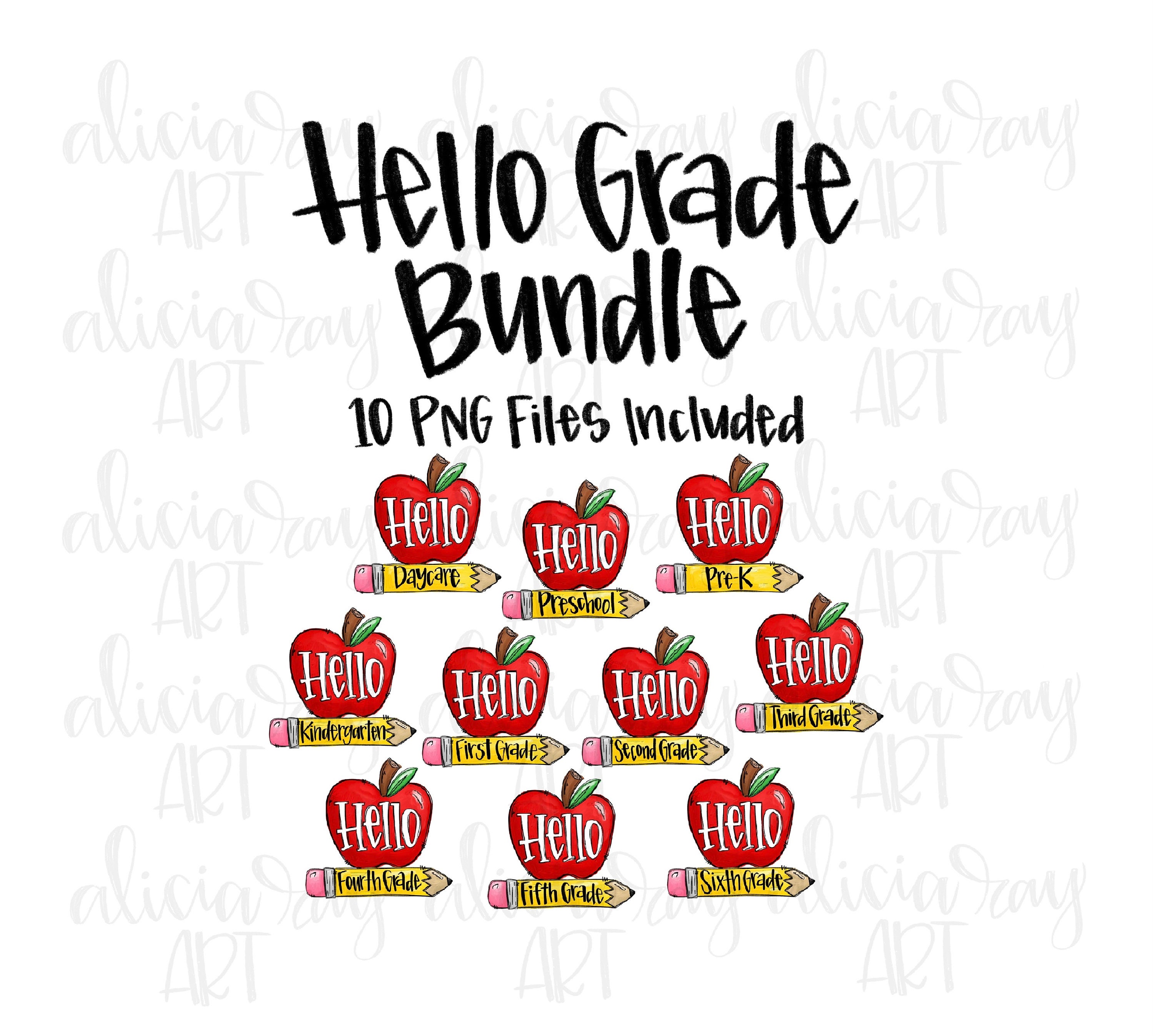 School Pencil Apple Grade Bundle Sublimation PNG | Hand Drawn Digital ...