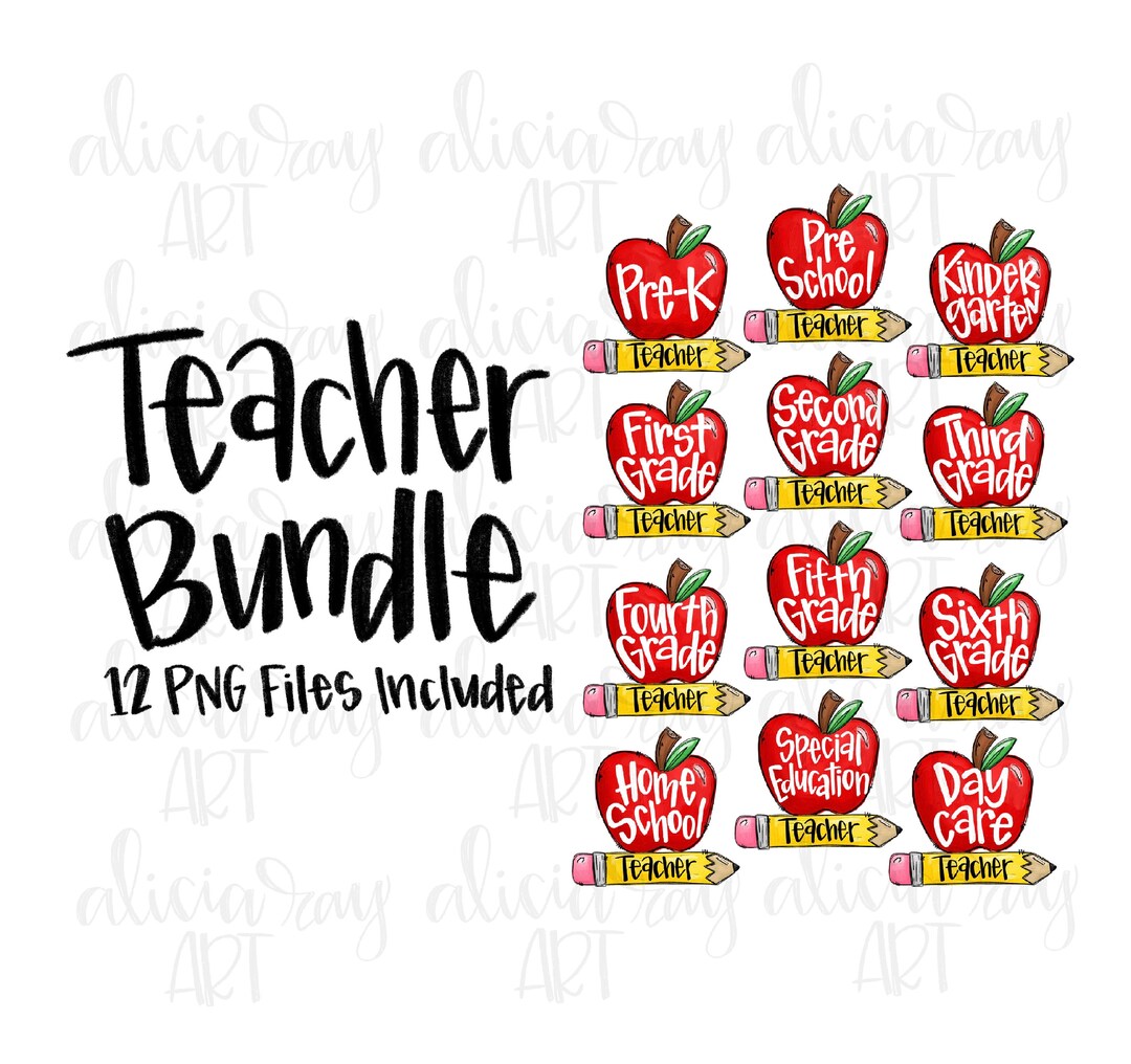 School Pencil Apple Teacher Grade Bundle Sublimation PNG | Hand Drawn ...