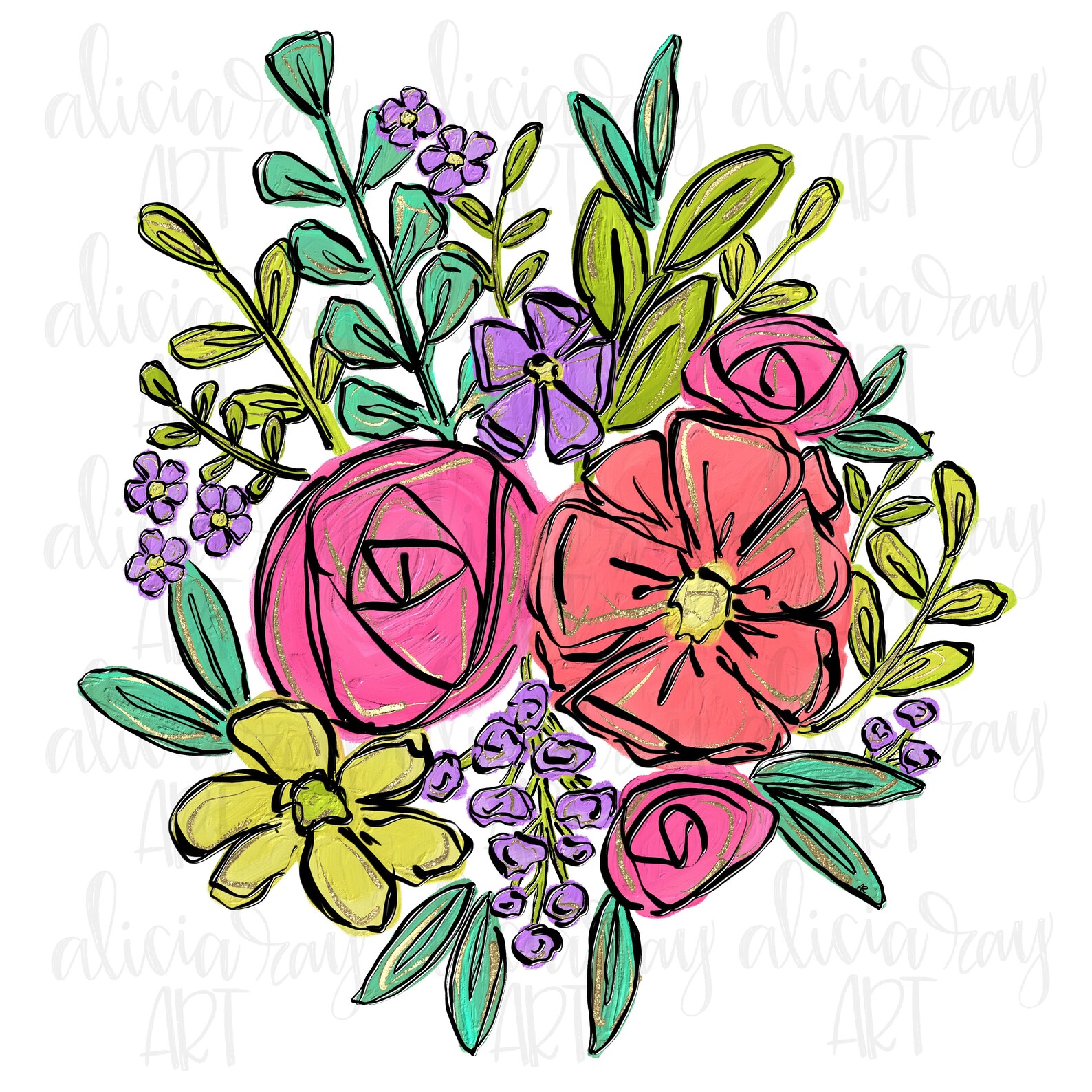 Painted Floral Bundle Sublimation Design | Hand Drawn PNG Design ...