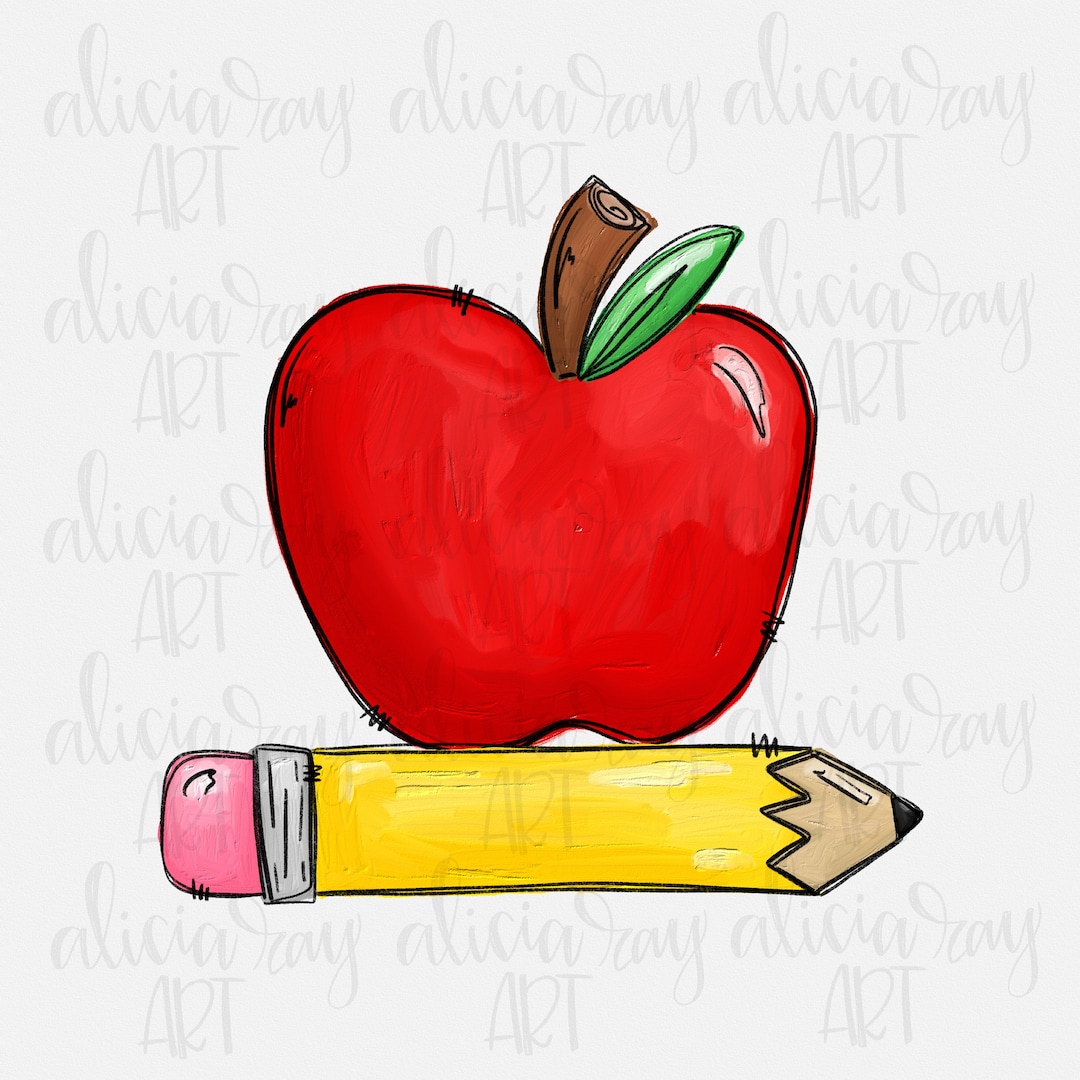 School Pencil Apple Sublimation PNG | Hand Drawn Digital Download ...