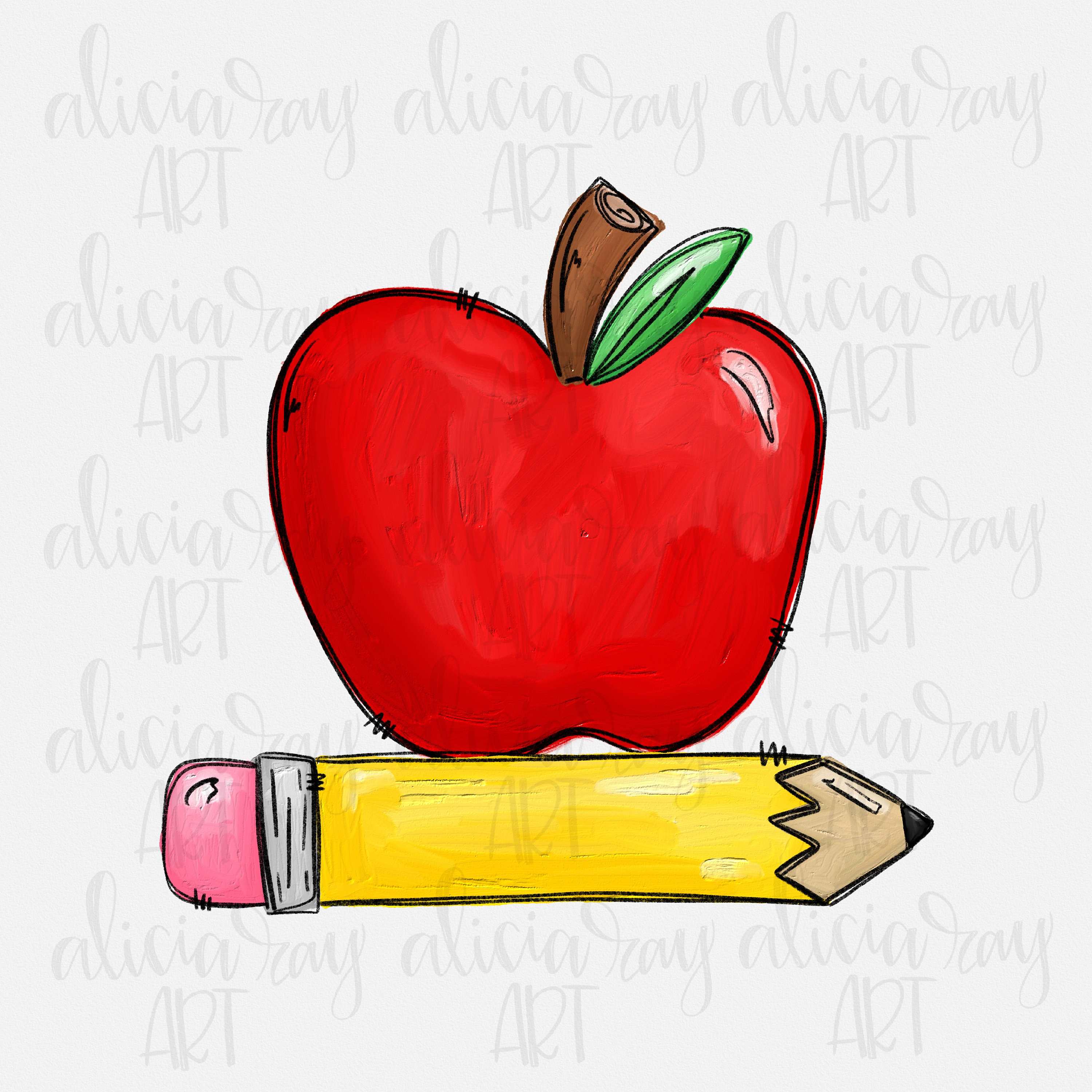 School Pencil Apple Sublimation PNG | Hand Drawn Digital Download ...