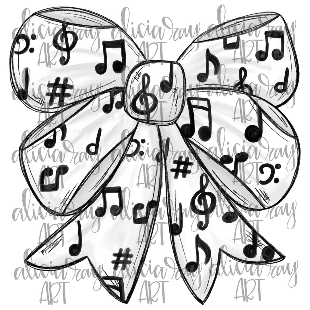 Music Note Coquette Bow PNG Design | Hand Drawn Preppy Bow DTF Design ...