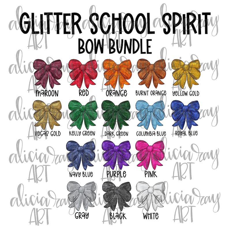 Glitter School Spirit Bow Bundle PNG | Hand Drawn Digital Download ...