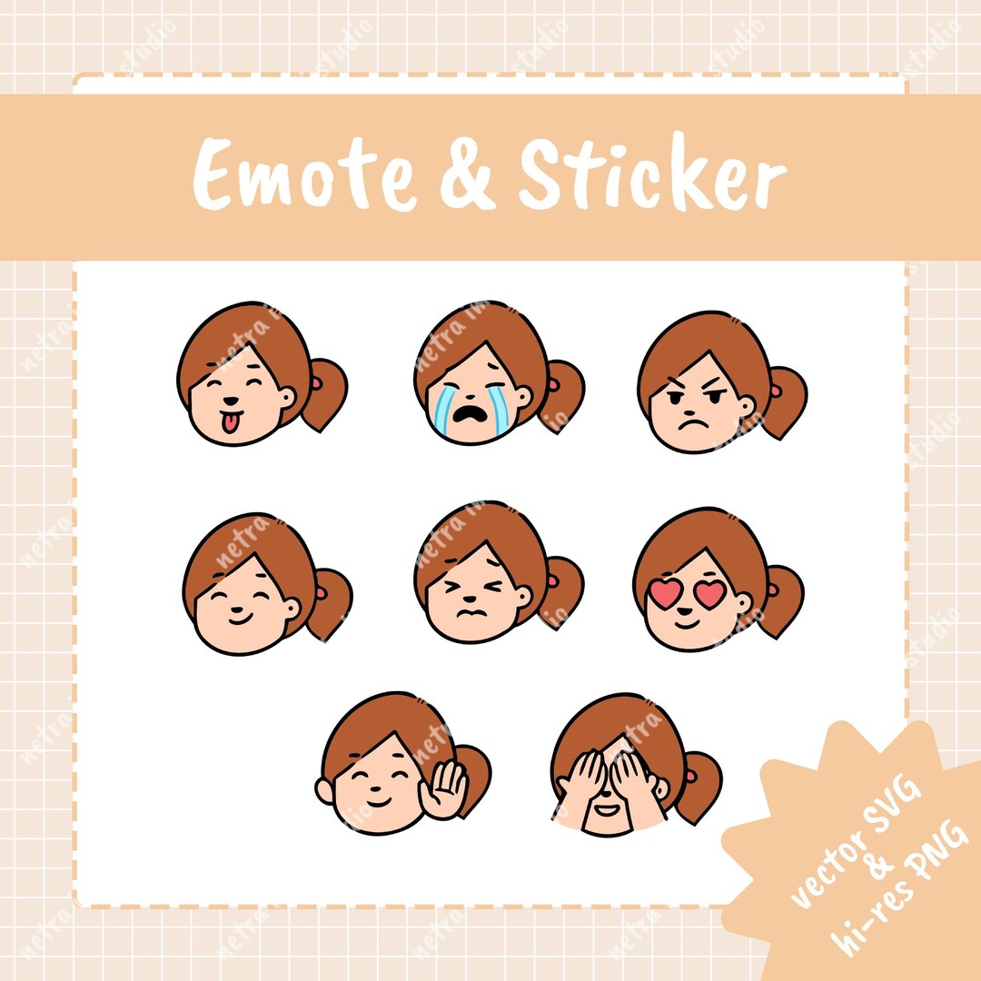 Editable Cute Female Emote Pack: Vector SVG & PNG Stickers (digital ...