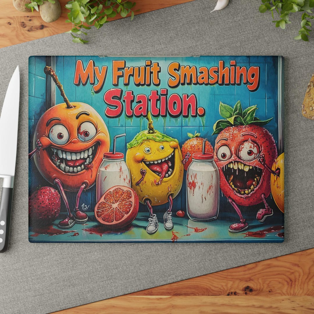 Funny Fruit Smashing Glass Cutting Board - Quirky Kitchen Decor, Gifts ...