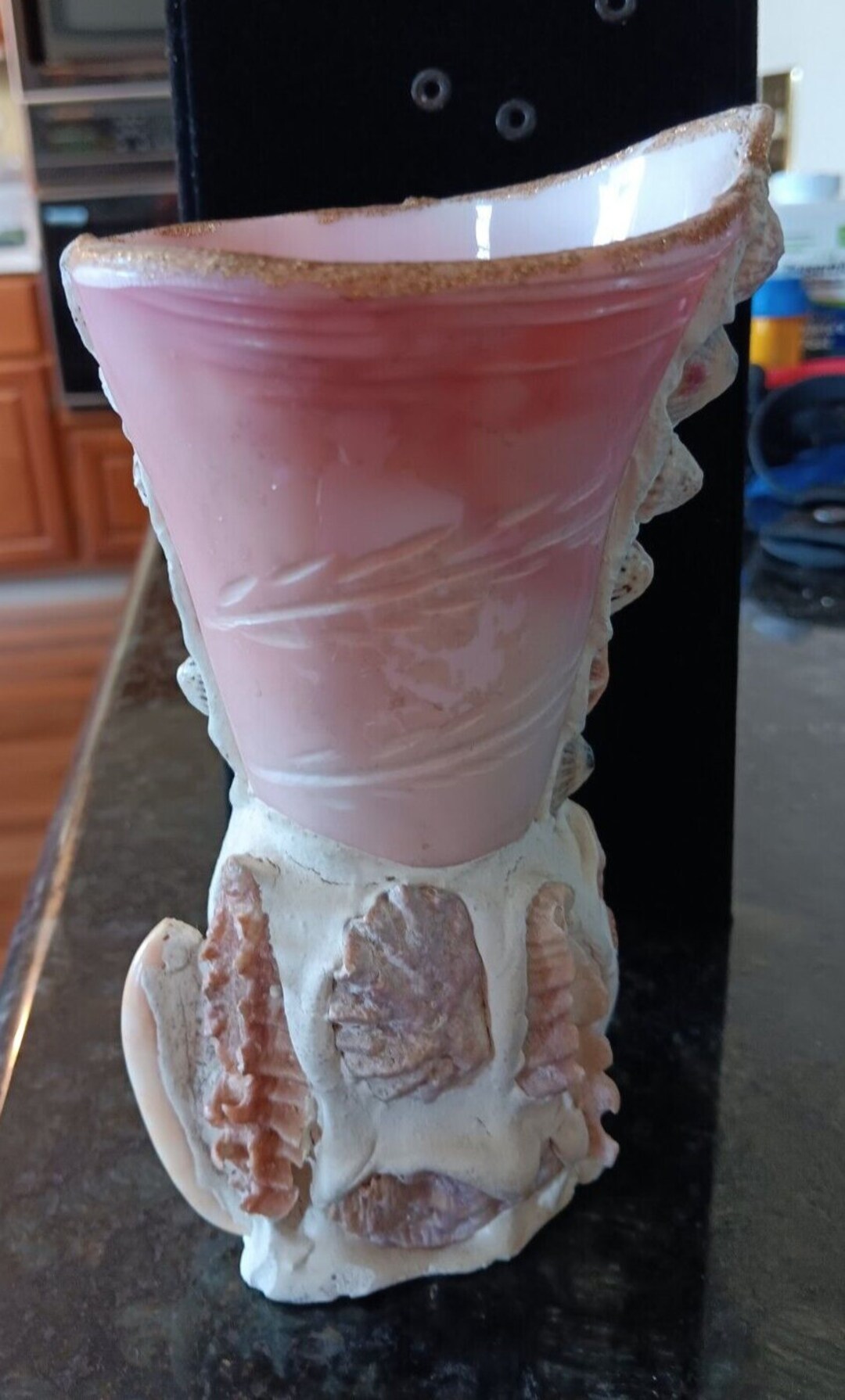 Real Pink Conch Shell Seashell Vase Trinket Dish Leaf Carving ...