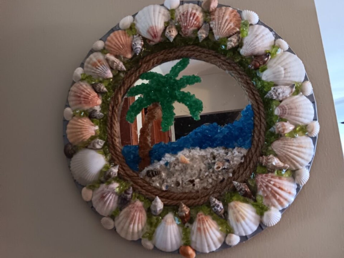 Handmade Crushed Glass Palm Tree, Shells, Ocean, Beach on Mirror Wall ...