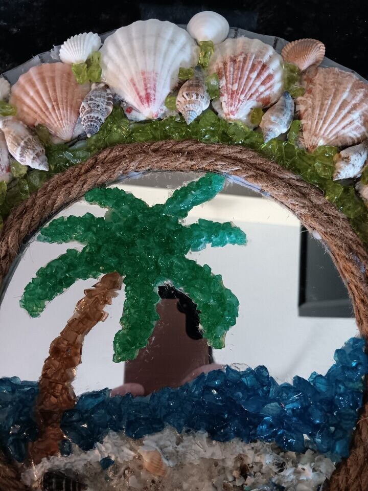 Handmade Crushed Glass Palm Tree, Shells, Ocean, Beach on Mirror Wall ...