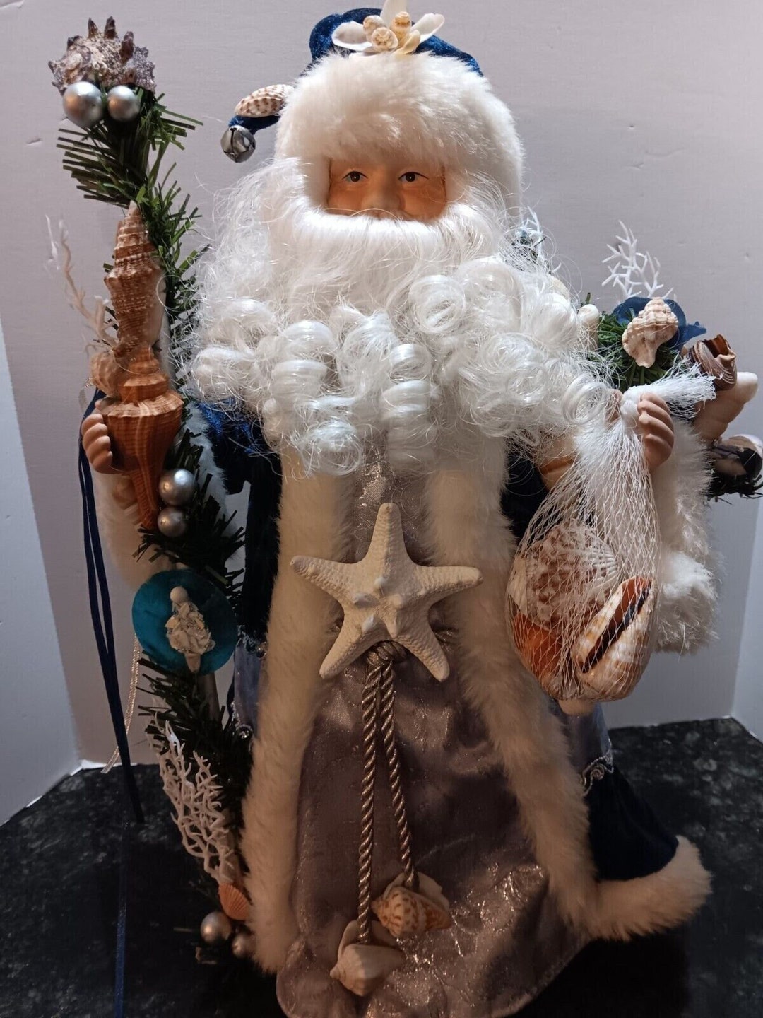 17" Coastal Santa Claus Christmas Decor, Hand Decorated, Royal Blue ...