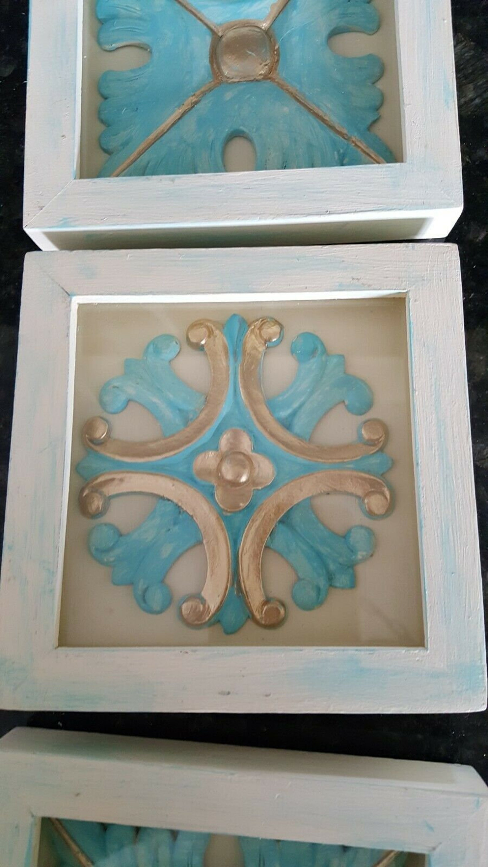 Set of 3 Cream W/lt Blue Shadow Boxes W/ Architectural Pieces Lt Blue W ...