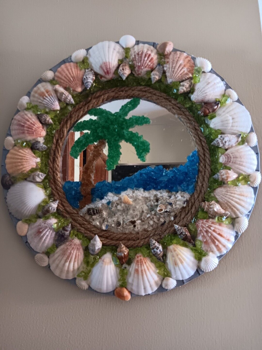 Handmade Crushed Glass Palm Tree, Shells, Ocean, Beach on Mirror Wall ...