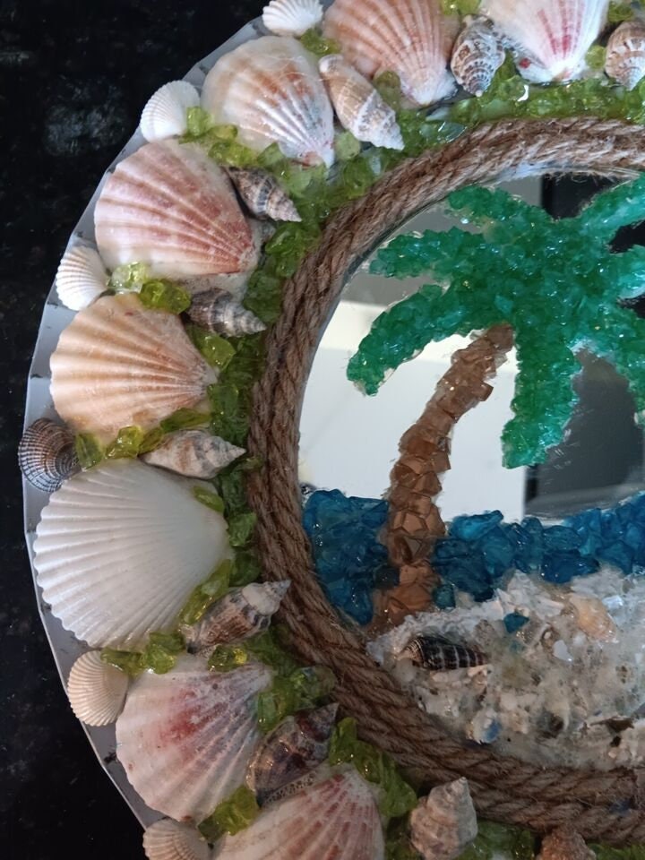 Handmade Crushed Glass Palm Tree, Shells, Ocean, Beach on Mirror Wall ...